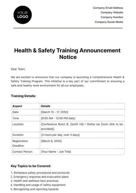 Free Health And Safety Training Announcement Notice Template To Edit Online