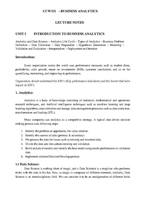 Business Anaytics Unit 1 Ccw331 Business Analytics Lecture Notes Unit I Introduction To