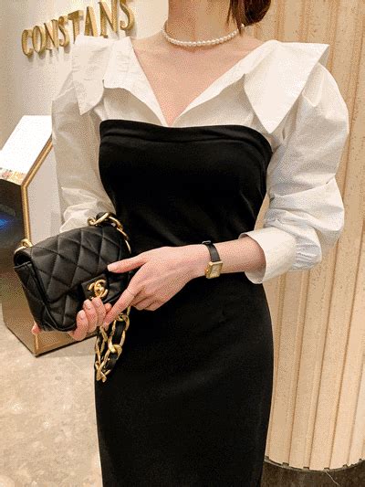 셔츠 배색 롱원피스 슬림핏원피스 미디 퍼프소매셔츠원피스 하객룩 카라원피스 스판원피스 셔츠콤비원피스