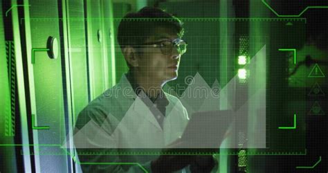 image of data processing over asian male it technician with tablet over computer servers stock