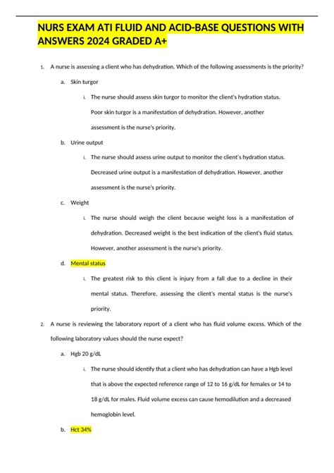 Nurs Exam Ati Fluid And Acid Base Questions With Answers 2024 Graded A Nurs Ati Fluid And