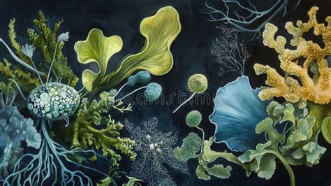 Detailed Botanical Drawing Showcasing Various Algae On Dark Background