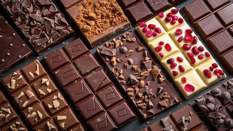 Various Chocolate Bars In Different Flavors And Types Neatly Arranged