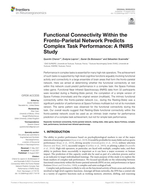Pdf Functional Connectivity Within The Fronto Parietal Network Predicts Complex Task
