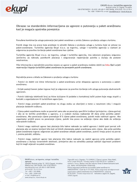 Obrazac Sa Standardnim Informacijama Za Ugovore O Putovanju U Paket Aranžmanu Pdf