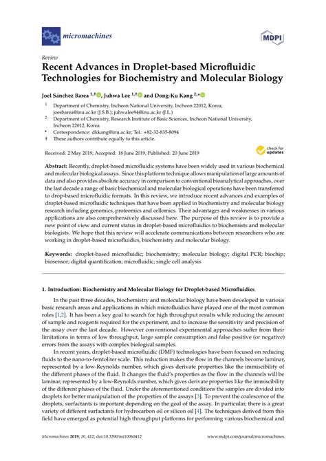 PDF Recent Advances In Droplet Based Microfluidic Technologies For Biochemistry And Molecular
