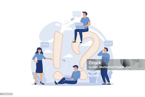 느낌표와 물음표 주변의 사람들이 자주 묻는 질문의 개념 그림 은유 질문 대답 평면 디자인 현대 일러스트 레이 션 물음표에 대한