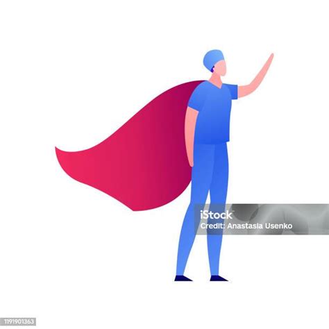 벡터 현대 평면 슈퍼 히어로 사람 그림입니다 흰색 배경에 고립 된 빨간 망토가있는 파란색 유니폼을 입은 남성 외과 의사 의료 용 배너 의료 포스터 클리닉을위한 디자인 요소