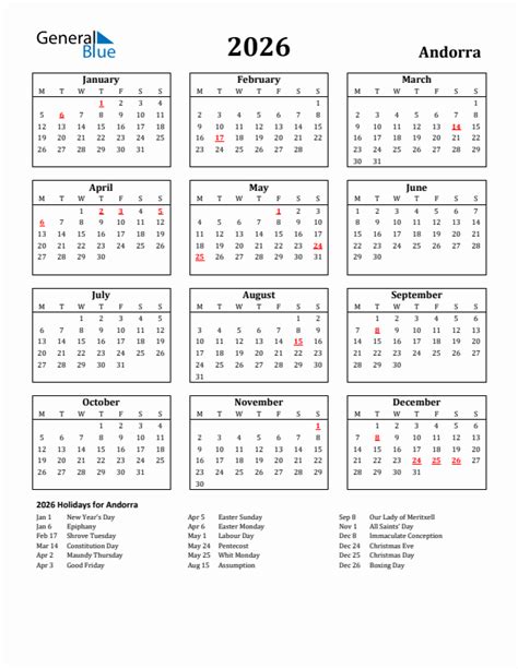 Andorra 2026 Calendar With Holidays