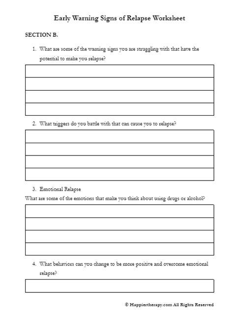 Early Warning Signs Of Relapse Worksheet Happiertherapy Worksheets