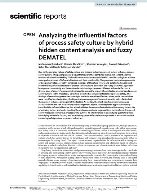 Pdf Analyzing The Influential Factors Of Process Safety Culture By Hybrid Hidden Content