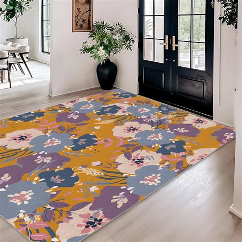 Bzrngd Blue Floral Small Area Rug 3x5 Washable Entryway