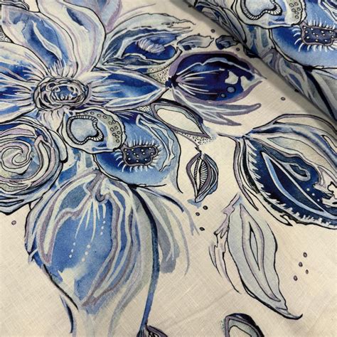 Mavi Çiçekler Ham 100 Keten Kumaş