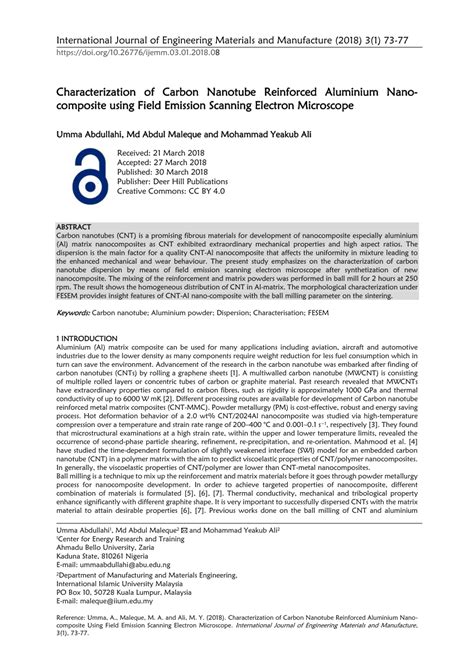 Pdf Characterization Of Carbon Nanotube Reinforced Aluminium Nano Composite Using Field