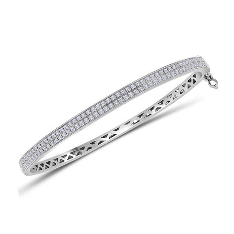 14k White Gold Women Round Diamond Double Row Bangle Bracelet Jawa