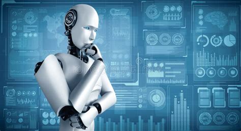 Xai Thinking Ai Humanoid Robot Analyzing Hologram Screen Showing Concept Big Data Stock
