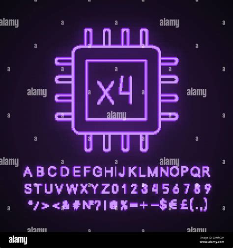 Quad Core Processor Neon Light Icon Four Core Microprocessor Microchip Chipset Cpu Multi