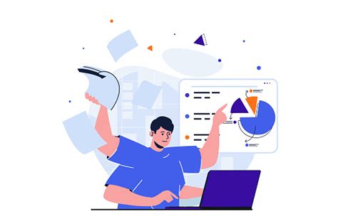 사무실은 웹 배너 디자인을위한 현대적인 평면 개념을 작동합니다 멀티태스킹 직원은 랩톱에서 일하고 서류 작업을 수행하며 데이터를