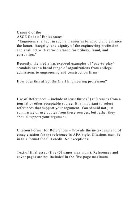 Canon 6 Of The Asce Code Of Ethics States Engineers Shall Docx