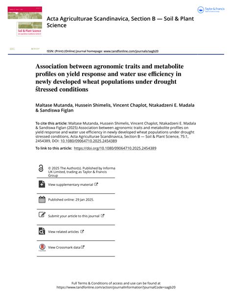 Pdf Association Between Agronomic Traits And Metabolite Profiles On
