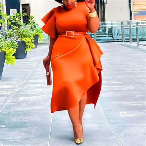 Plus Size Orange Ruffles High Waisted Elegant Dress African Dress
