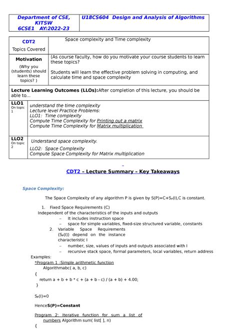 Daa Cdt2 Important Notes Department Of Cse Kitsw 6cse1 Ay2022