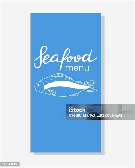 해산물 낙서 메뉴 카페 레스토랑 메뉴 커버 전단지 또는 바다 제품 포스터 파란색 배경 선에 물고기 벡터 흰색 세로 그림 가리기에