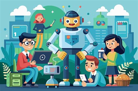 Premium Vector Several Individuals Are Gathered Around A Robot Examining Its Features And