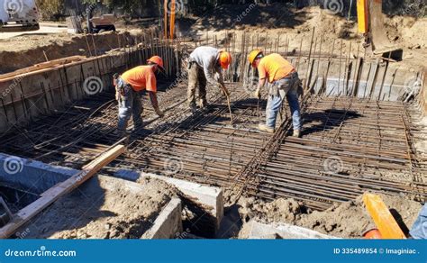 Construction Workers Pouring Concrete Into A Rebar Grid Stock Illustration Illustration Of