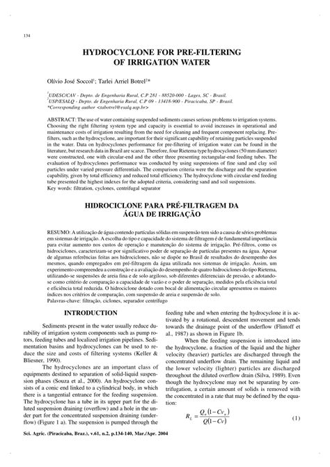 Pdf Hydrocyclone For Pre Filtering Of Irrigation Water