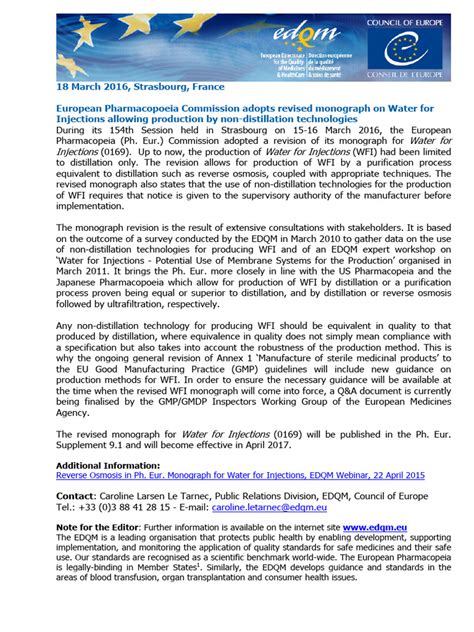 Press Release Revised Monograph On Water For Injections March 2016