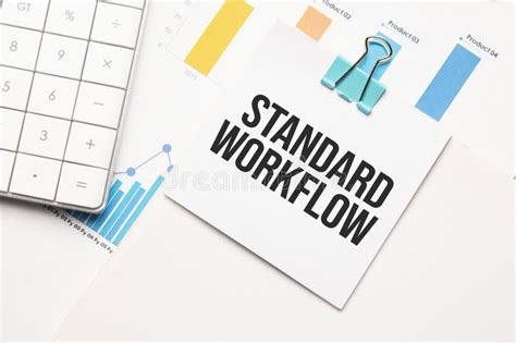 Standard Workflow Text Concept Office Workplace Table With Calculator Graphs Report Stock