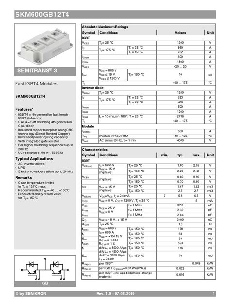 Skm600gb12t4 22892098 Fast Igbt 62mm Pdf Electrostatic Discharge Electronic Engineering
