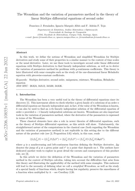 Pdf The Wronskian And The Variation Of Parameters Method In The