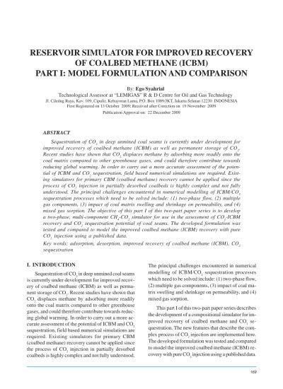 Reservoir Simulator For Improved Recovery Of Coalbed Methane Icbm Part I Model Formulation