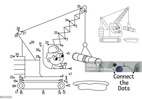 벡터 건설 현장 Dottodot 및 크롤러 크레인을 사용한 색상 활동 건물 작업 라인은 어린이를 위한 점 게임을 연결합니다 인쇄 가능한 워크시트 또는 산업용 차량으로 색칠