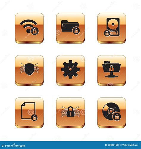 Set Wifi Locked Document And Cyber Security Time Management And Hard Disk Drive Icon Vector