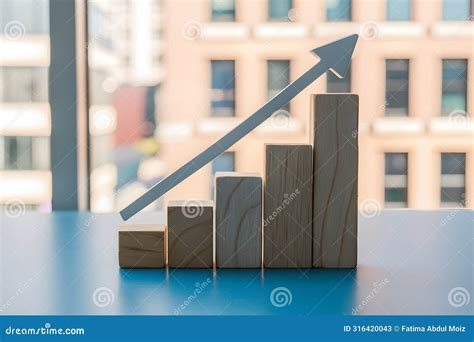 Wooden Block Graph With White Arrow On Blue Surface Against Urban