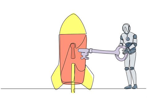 Single Continuous Line Drawing Robot Putting Key Into Rocket Launching New Tech Business