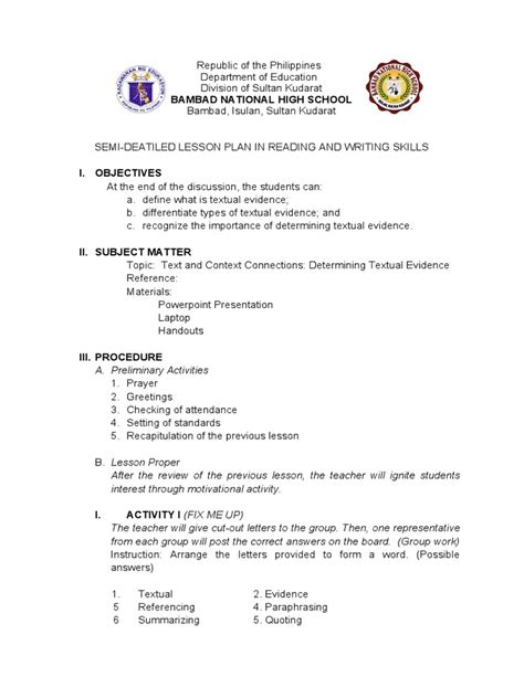 3 Lesson Plan In Textual Evidence Pdf