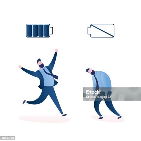 전체 배터리와 슬픈 힘없는 사무실 노동자와 행복한 강한 사업가 낮은 배터리 가득 찬에 대한 스톡 벡터 아트 및 기타 이미지 가득 찬 경영자 기업 문화 Istock