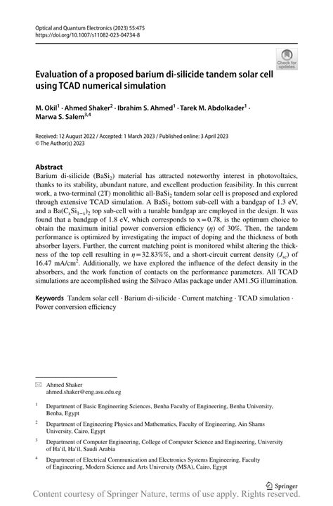 Pdf Evaluation Of A Proposed Barium Di Silicide Tandem Solar Cell