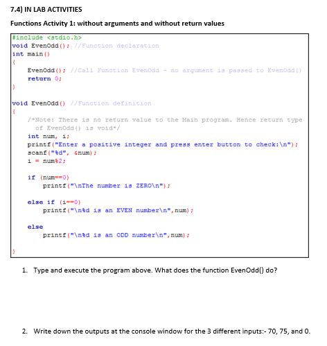 Solved IN LAB ACTIVITIES Functions Activity Without Chegg
