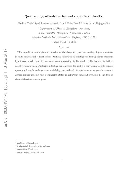 Pdf Quantum Hypothesis Testing And State Discrimination