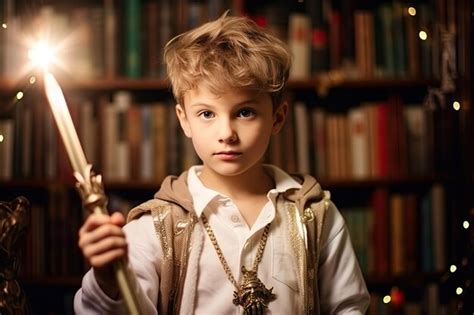 Premium AI Image | A Little Wizard a Boy with a Magic Book and Wand in Library Kid Witchcraft ...
