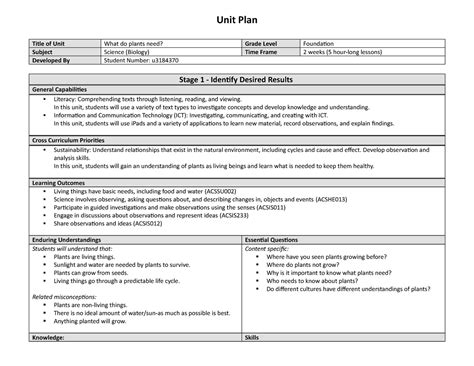 Unit Plan Plants Ubd Example Of A Unit Plan Using Ubd Unit Plan