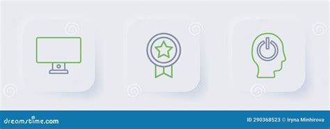 Set Line Power Button Game Rating With Medal And Computer Monitor Icon Vector Stock