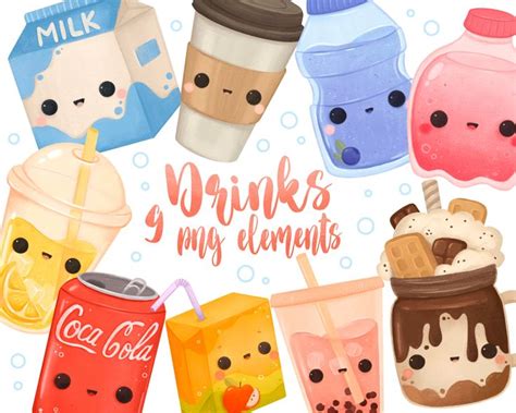 Cute Kawaii Drinks Clip Art Food Clipart Coffee Png Lemonade Bubble Tea Boba Soda Milk