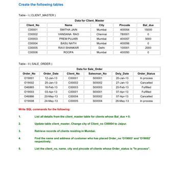 Answered Create The Following Tables Table CLIENT MASTER Table II SALE ORDER