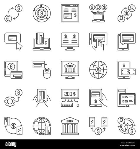 Online Banking Outline Icons Set Vector Internet Or Mobile Banking Concept Money Symbols